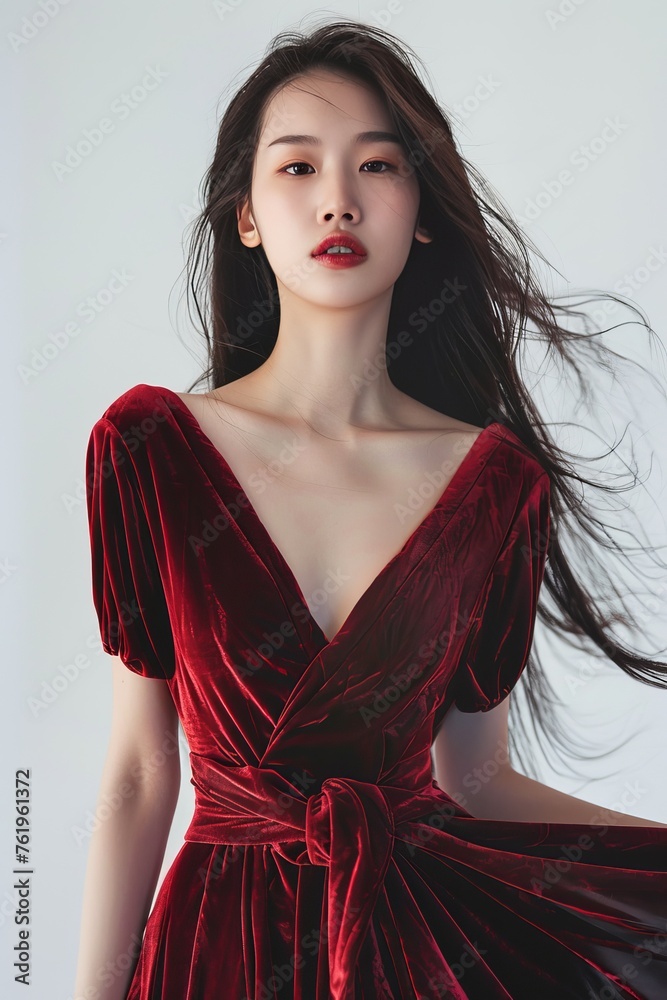 Portrait of a pretty young woman super model of Korean ethnicity draped ...