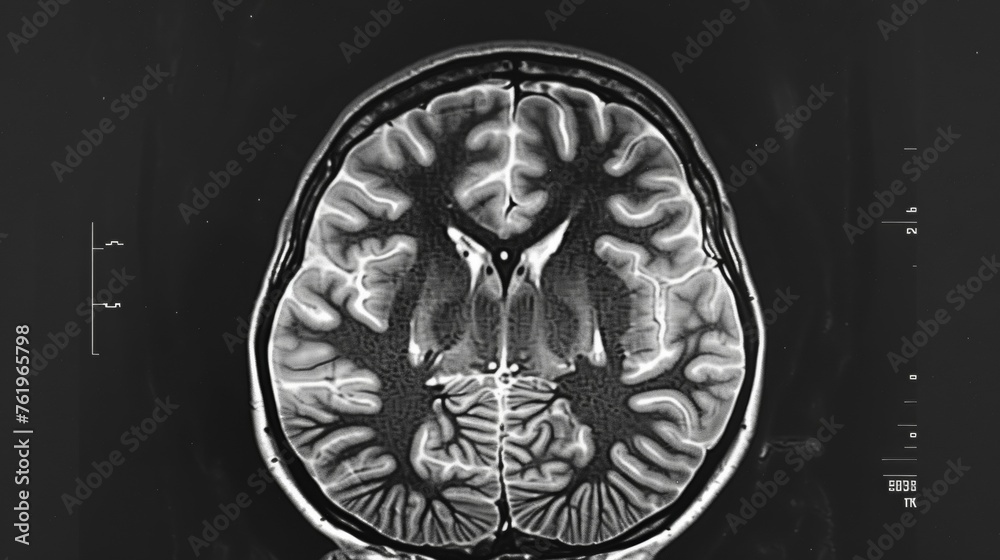 A crosssectional MRI image of the brain showing a large dark area in ...