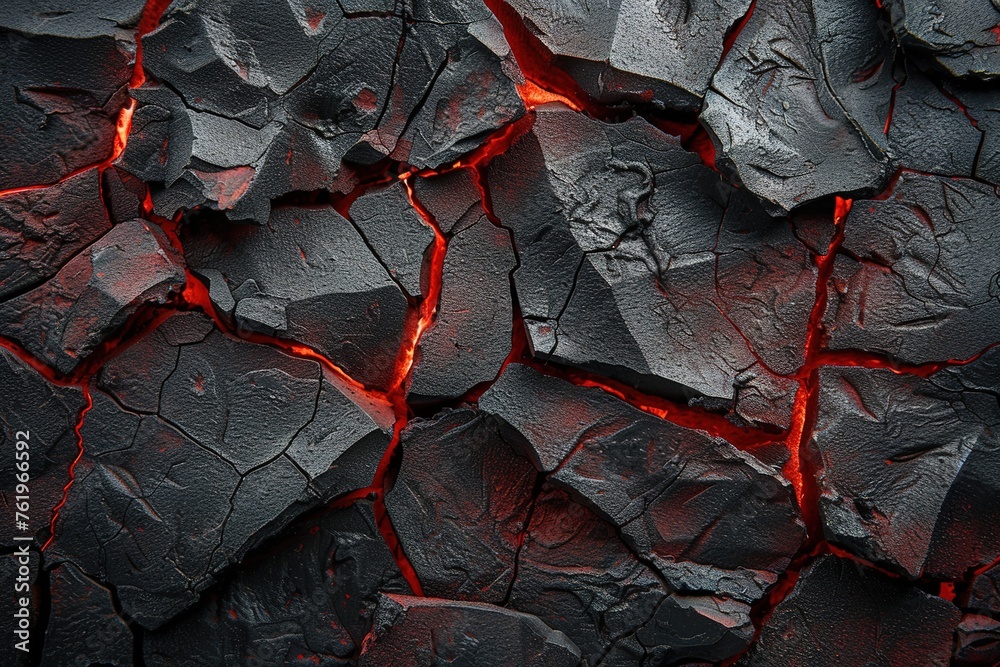 Burning coals and crack surface. Black and red rock stone background ...