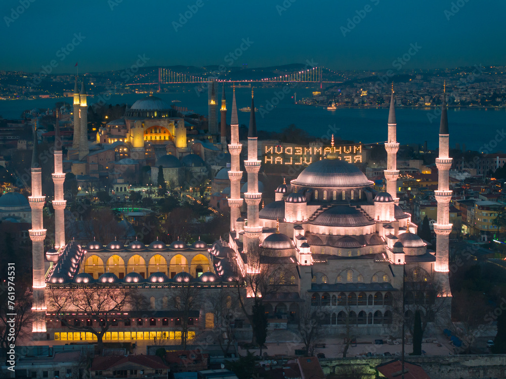 Blue Mosque (Sultanahmet Cami) in the Night Lights Drone Photo ...