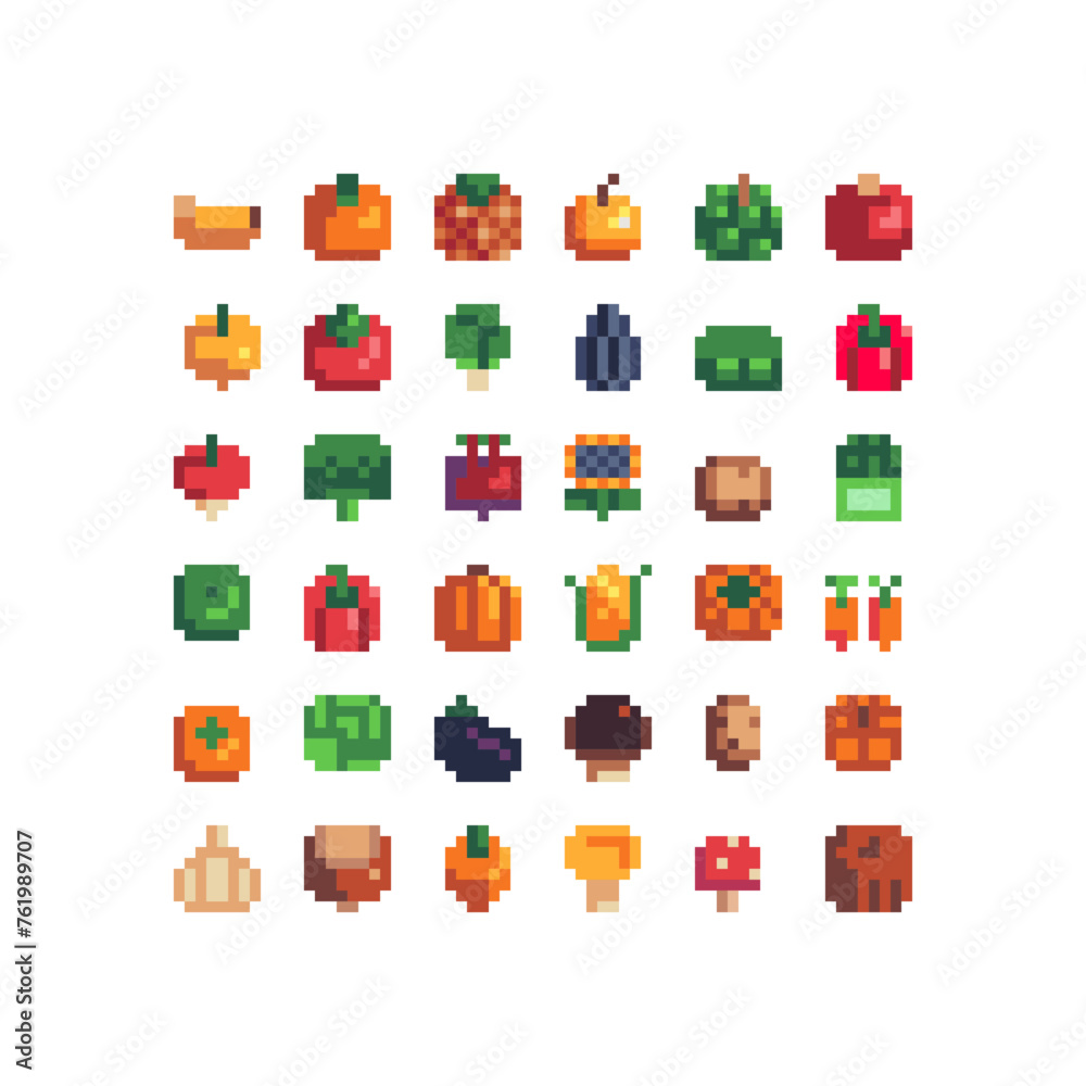 Farm vegetables pixel art icons set cabbage, pepper, chili, onion ...