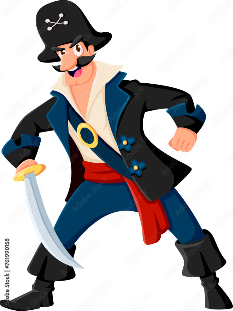 Cartoon funny pirate and corsair captain character in tricorn hat. Isolated vector swashbuckling ...