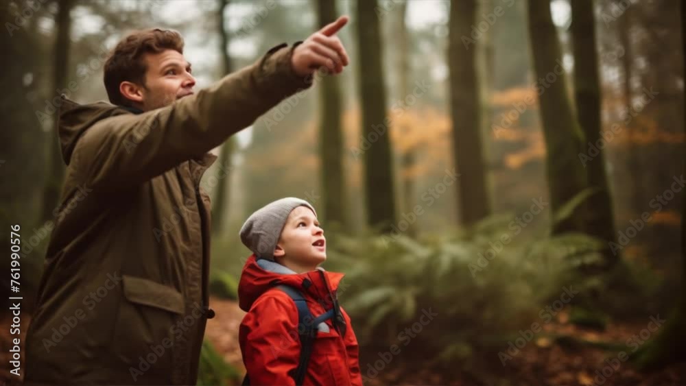 Father and son in the forest, father showing his child the forest ...