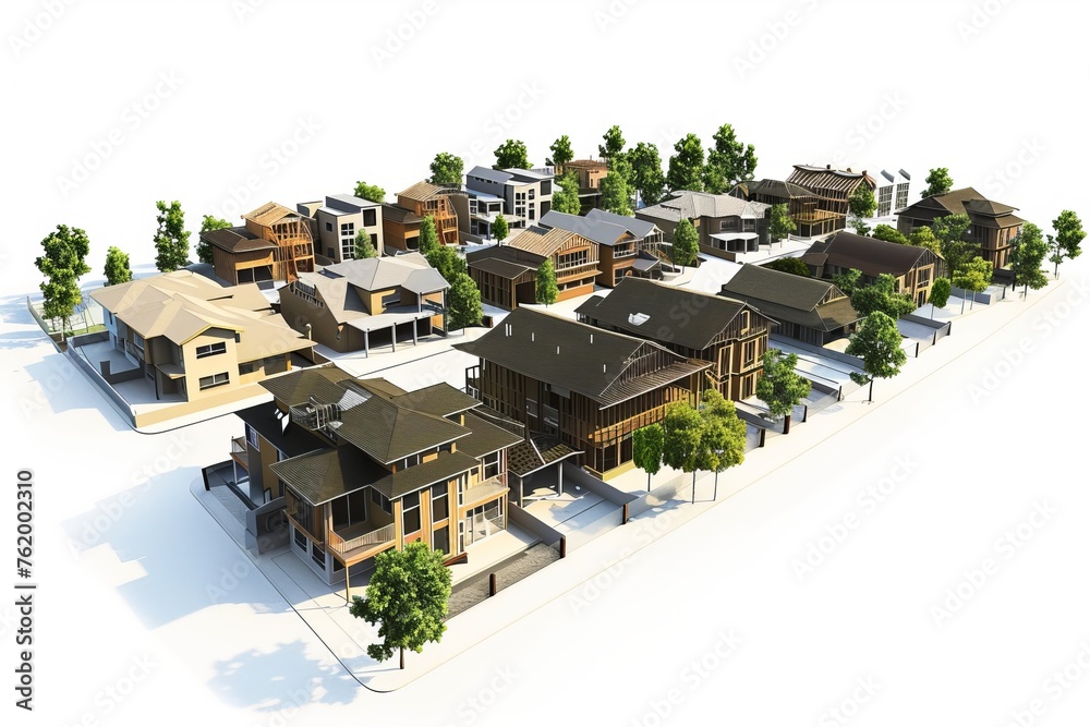 3D Render of residential community under development, with houses in ...