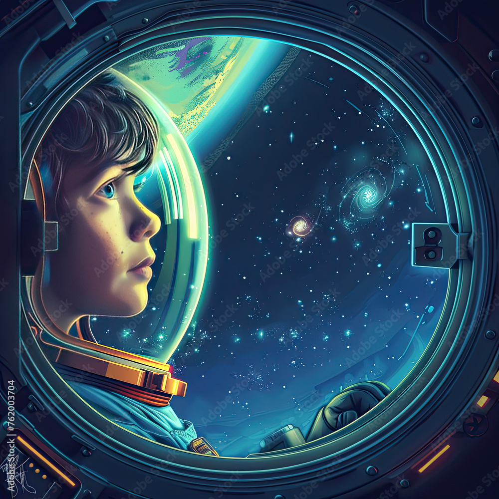 Cosmic Curiosity. A young astronaut boy beholds the vastness of space ...