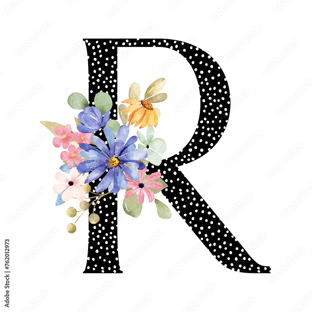 Letter R with watercolor flowers and leaf. Monogram initial, letterhead ...