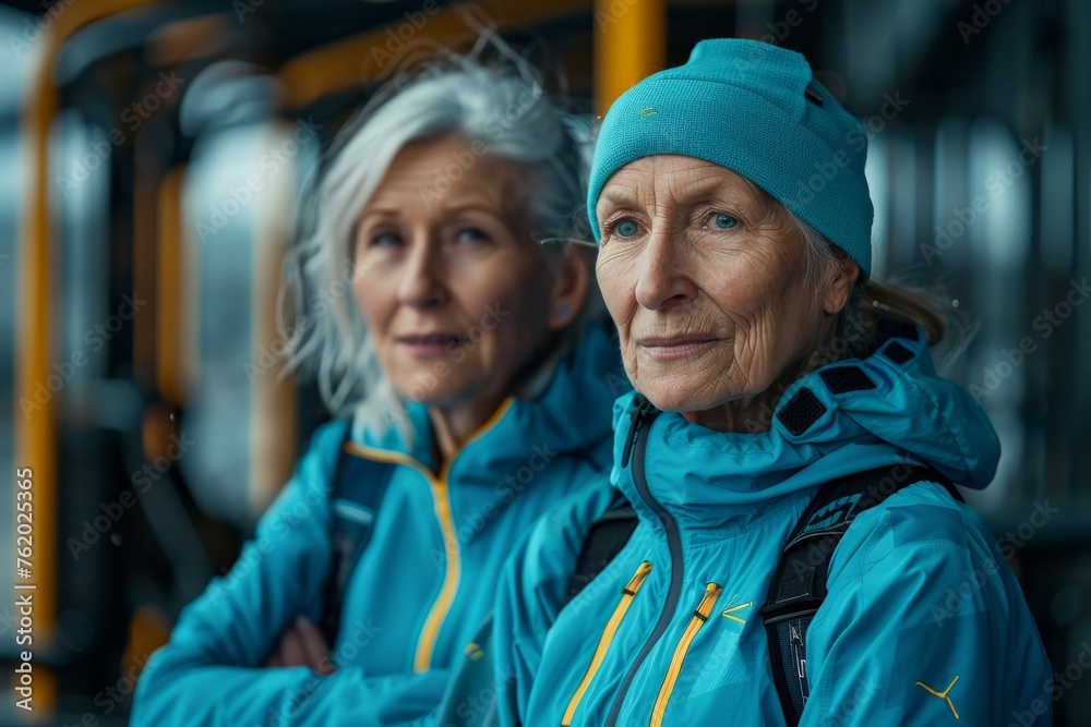 Senior couple in matching exercise gear, comfortably engaging in gym ...