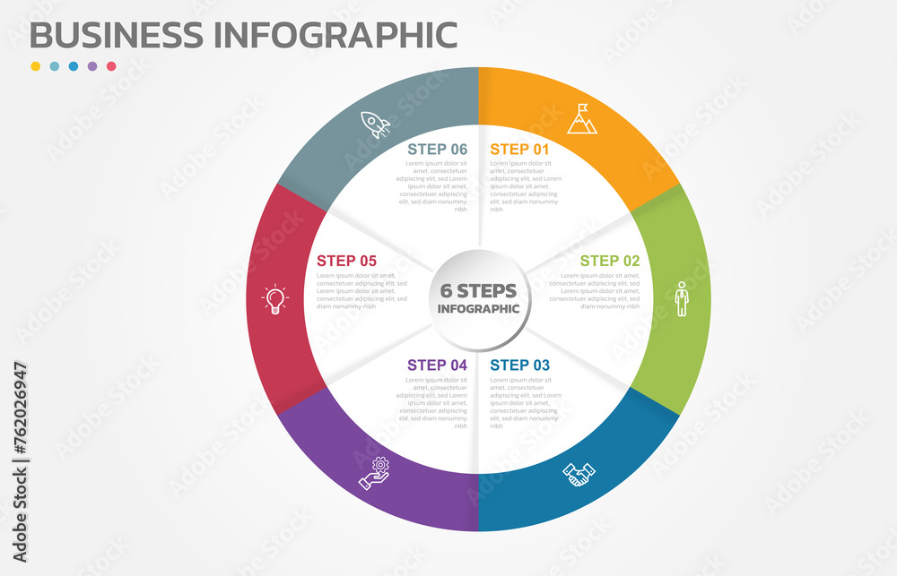 Visual data presentation. Cycle diagram with 6 options. Pie Chart ...