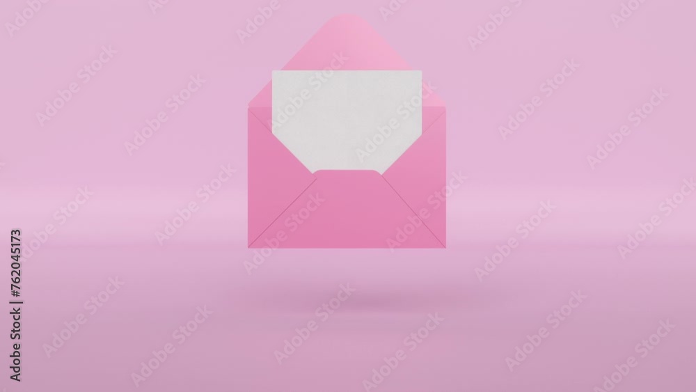 A 3d pink paper envelope is opened and a white sheet of paper appears ...