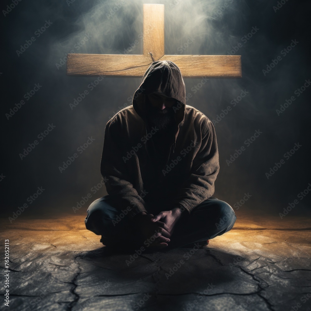 Praying man in front of the cross. Christian concept. silhouette of a ...