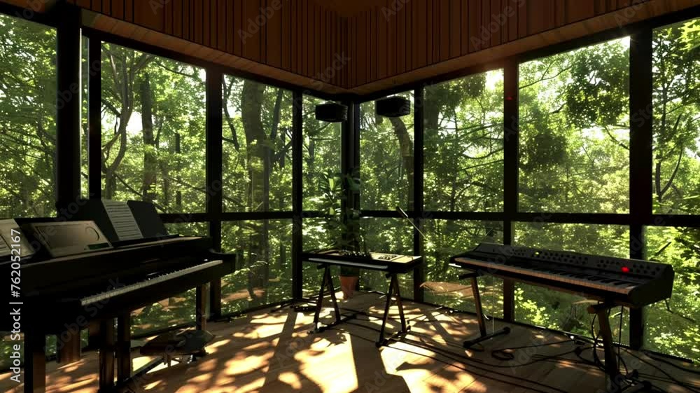 A music studio nestled in the heart of a forest, blending creativity ...
