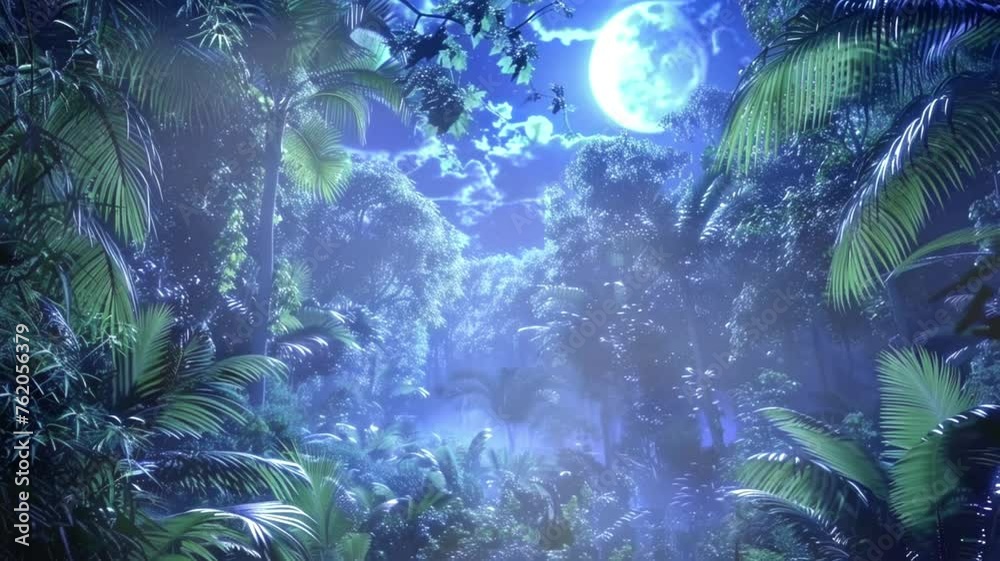 Vidéo Stock tropical forest canopy glows ethereally under the moon's ...