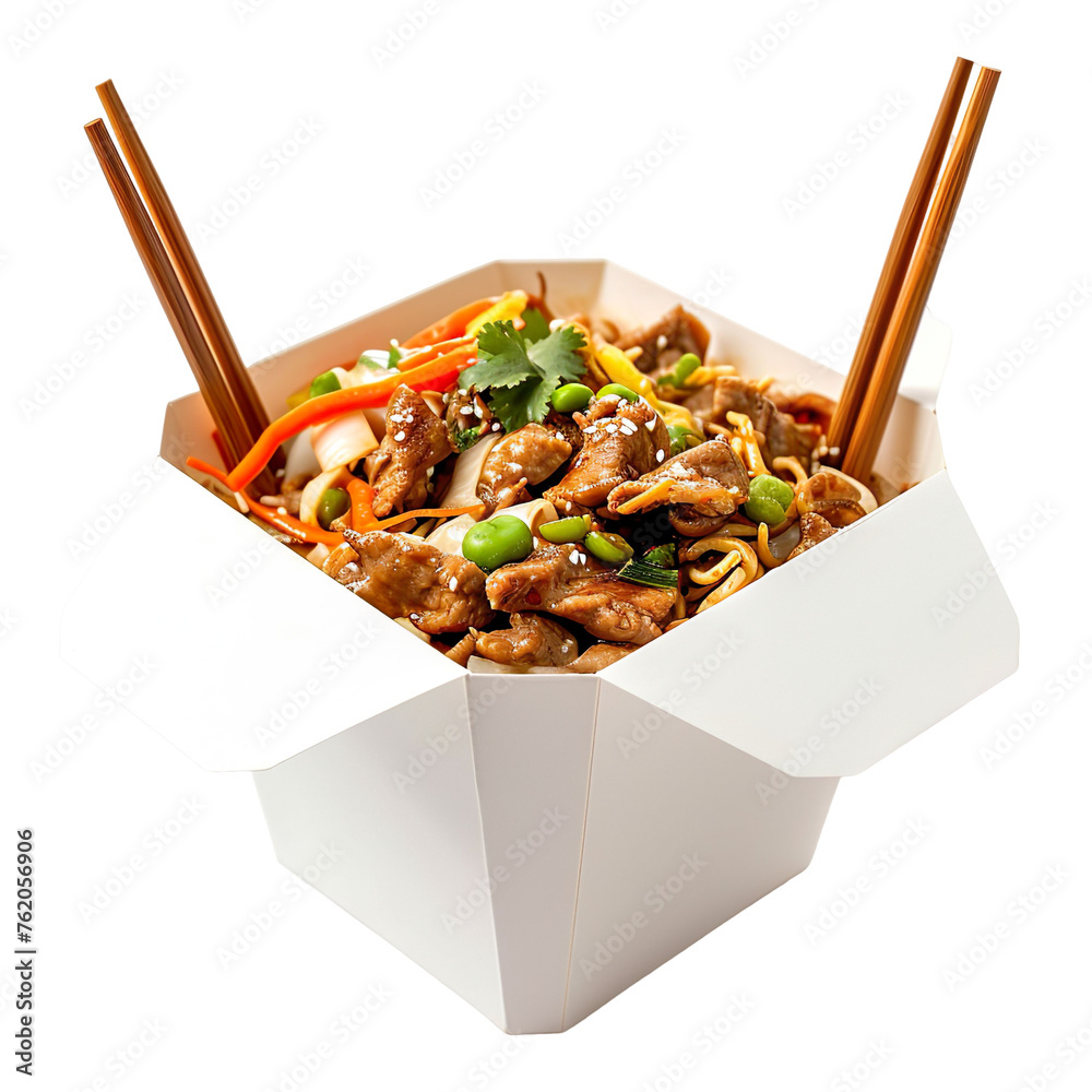 Front View Of Flavorful Moo Shu Pork In A Classic Chinese Takeout Box Food Photography Style