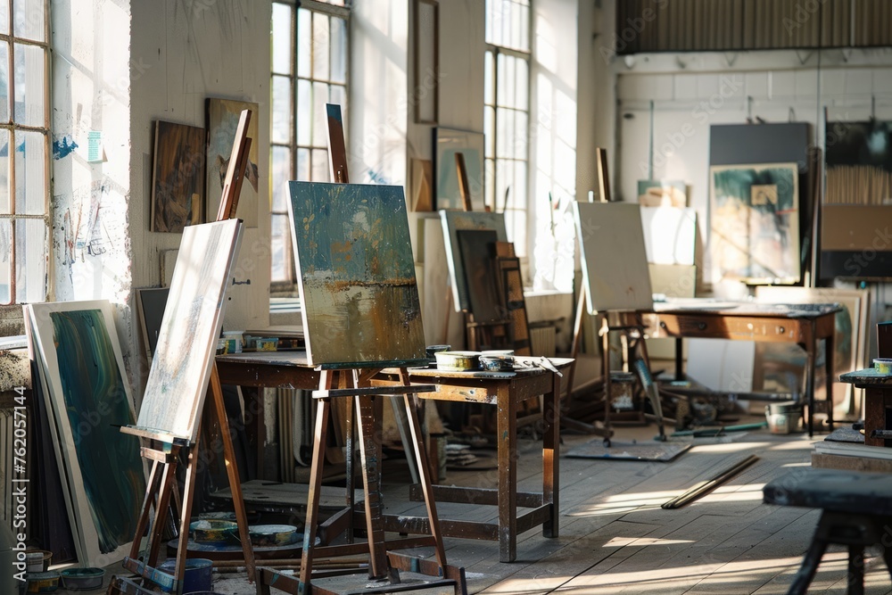 Artist's studio bathed in soft morning light, with canvases propped up ...