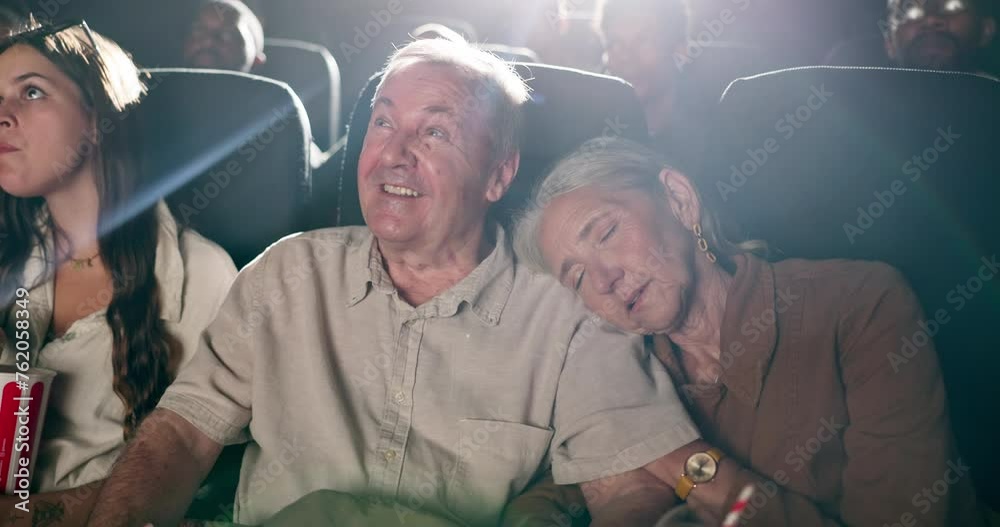 Movie, love and elderly couple in cinema with smile for comedy film ...