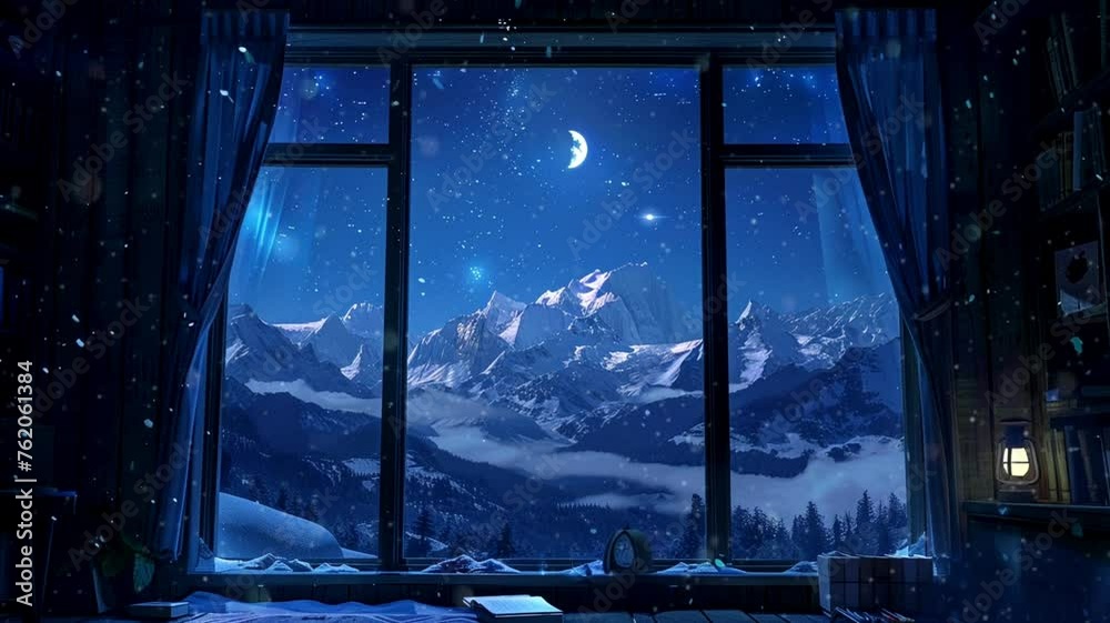 A study room with a panoramic window framing starlit mountains ...
