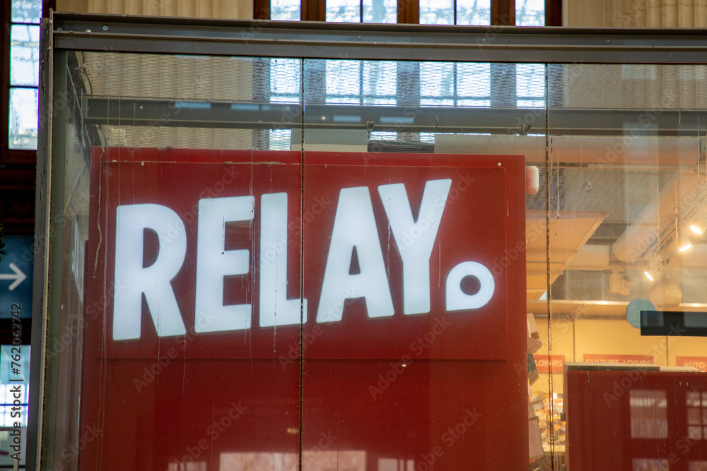 Relay brand text and logo sign shop press candies French convenience ...