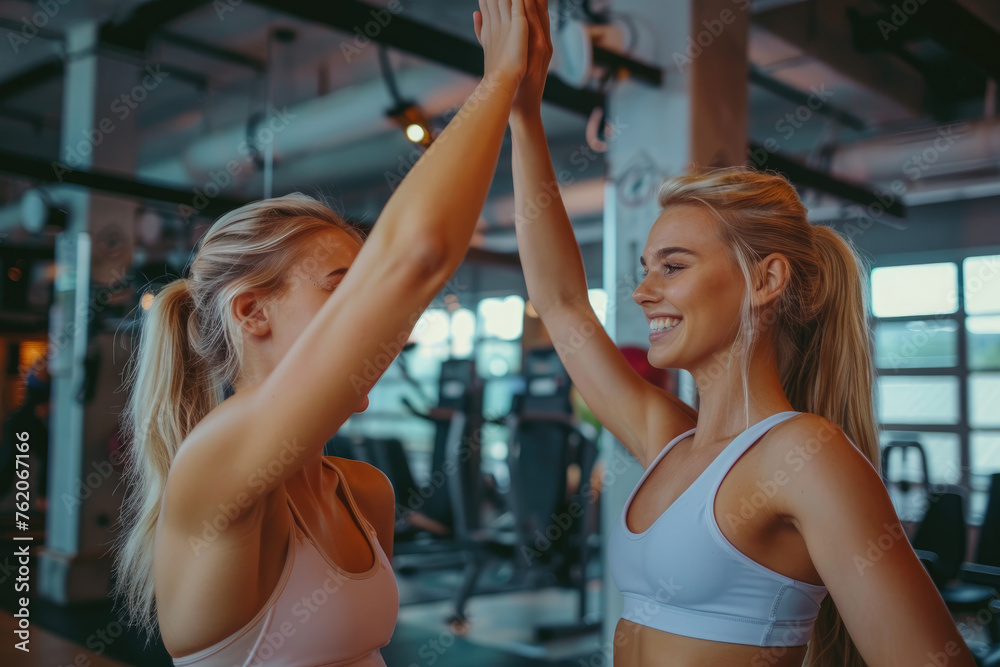 Two women doing a high five in the gym, a woman with blonde hair and ...