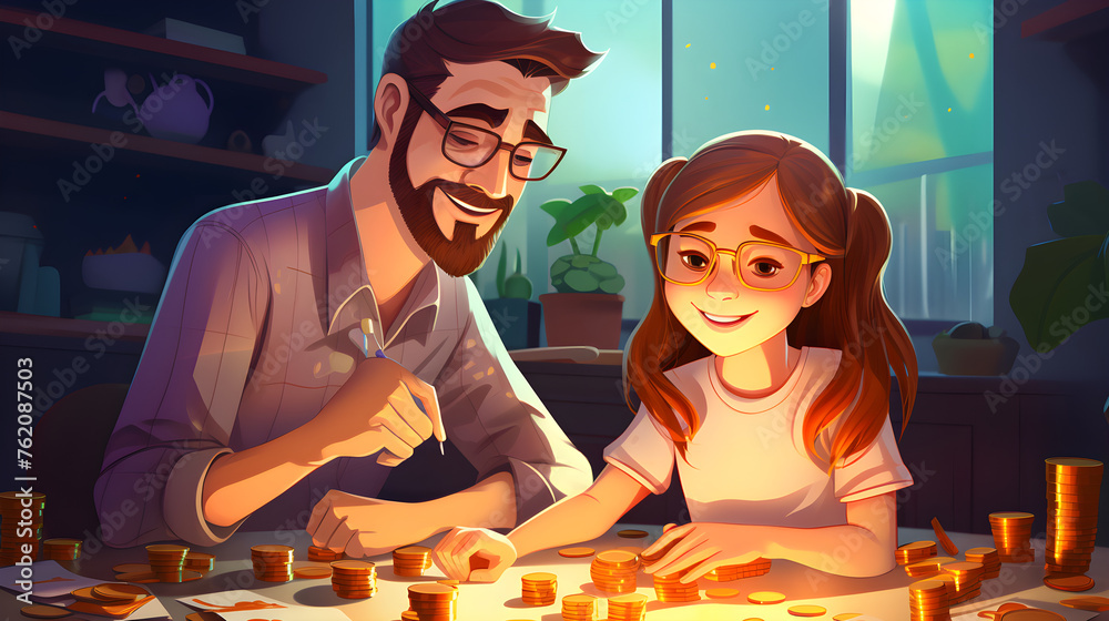 Cartoon characters dad and daughter. Father teaches his daughter to ...