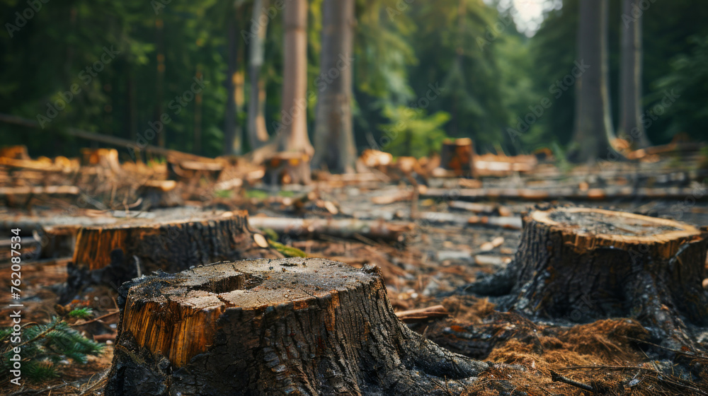Photo & Art Print Dire consequences of deforestation with tree stumps ...