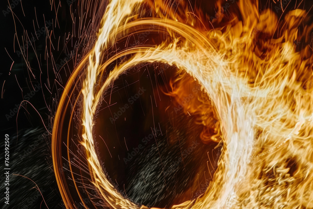 A ring of fire flame burns brightly, its fierce intensity radiating ...