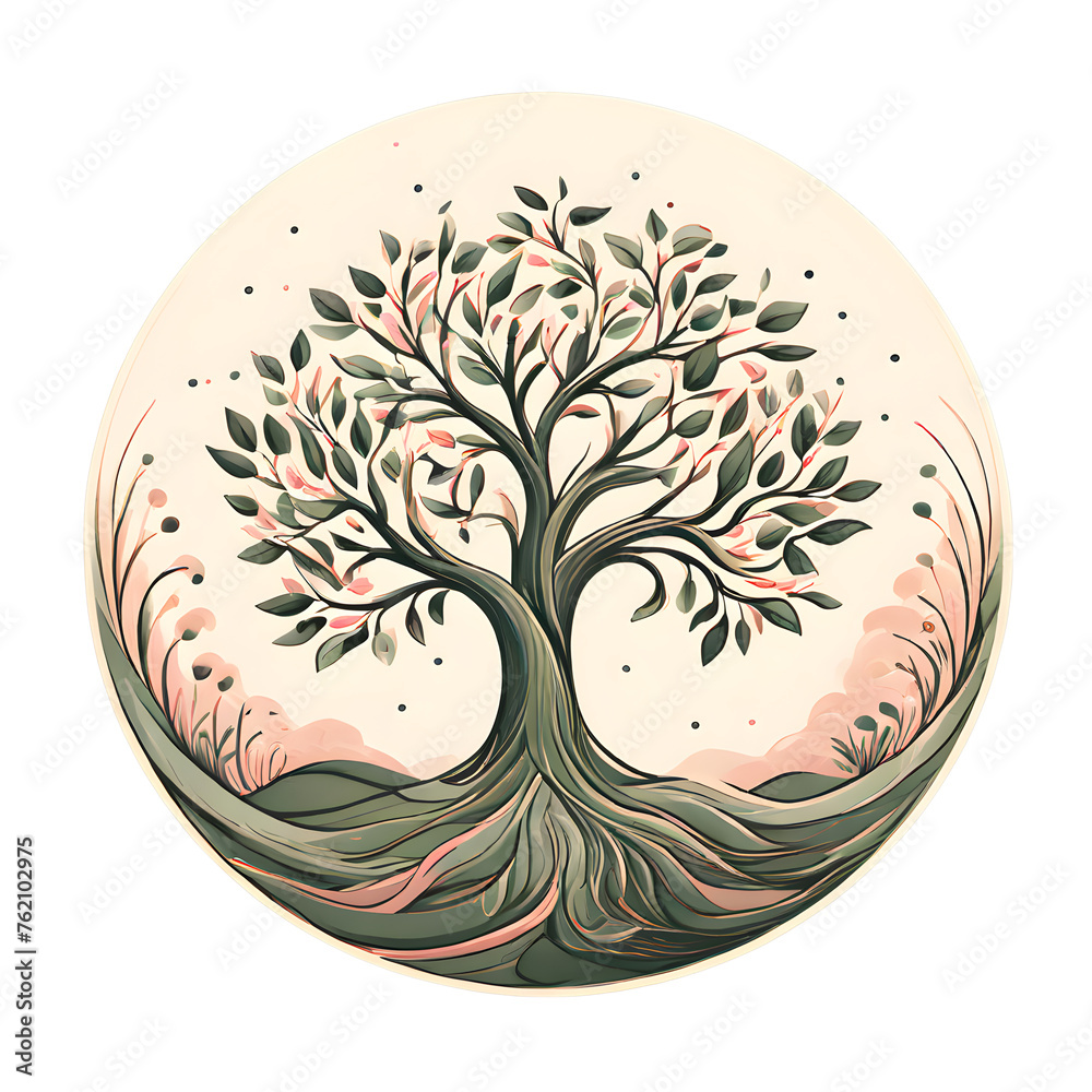 Soft Pastel color Yggdrasil tree Flat Vector Logo illustration isolated ...