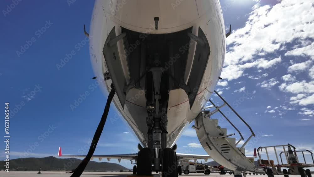 External frontal view of a medium size jet. Low angle ground level ...