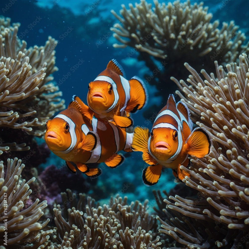 Craft a mesmerizing portrait of a clownfish pair engaged in their ...