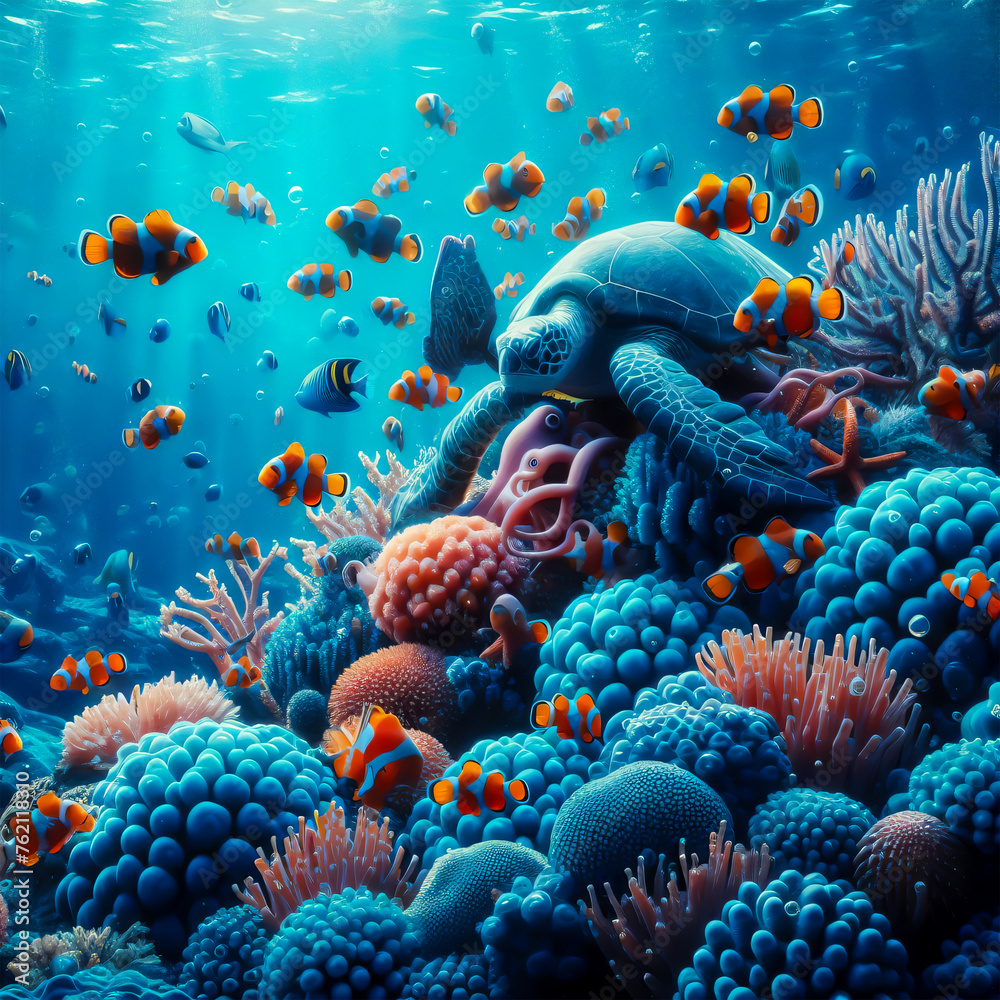 Underwater world in the deep ocean with turtle and othe sea animals ...