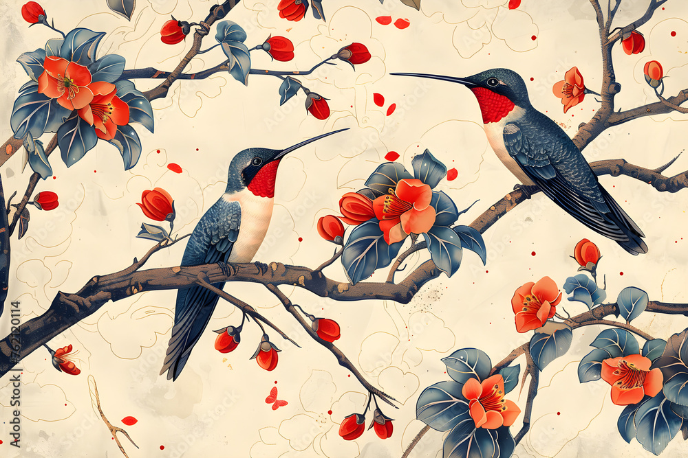 A vibrant and colorful chinoiserie hummingbird pattern created with AI ...