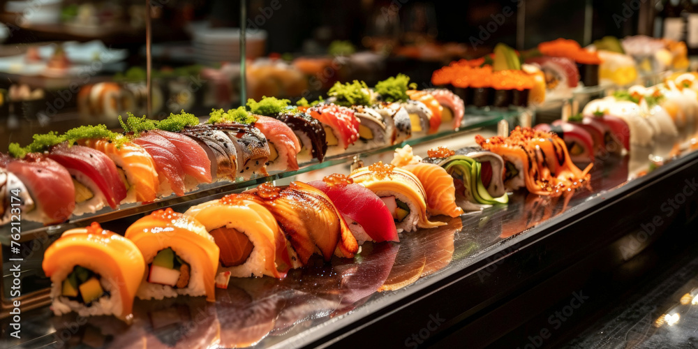 elegant sushi bar with a long glass counter displaying different types ...