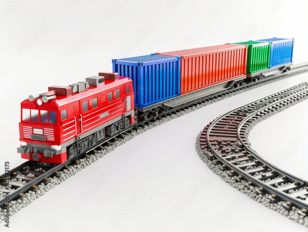 A toy model of a red locomotive pulling colorful cargo containers on a ...