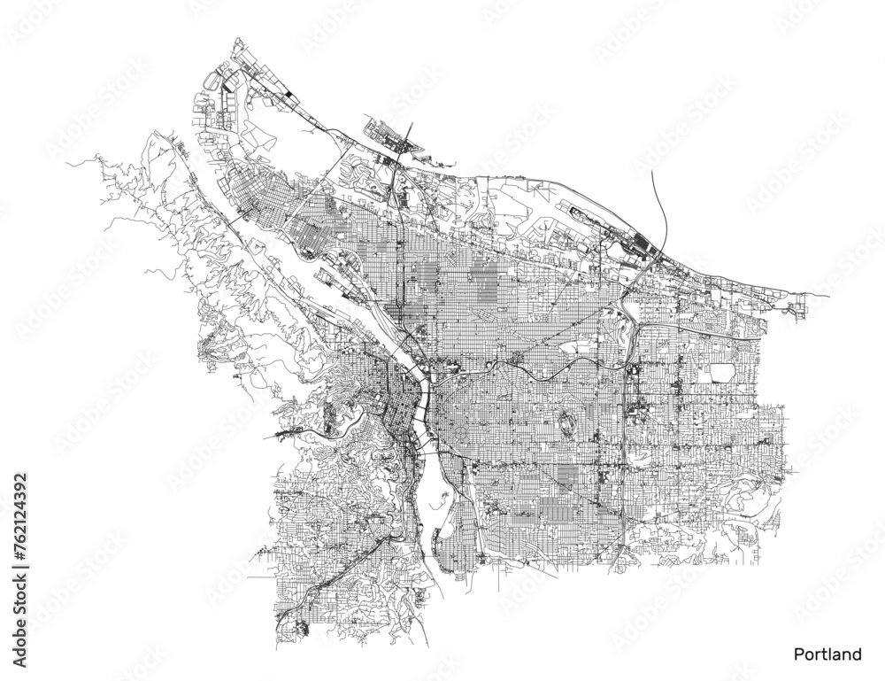 Portland city map with roads and streets, United States. Vector outline ...