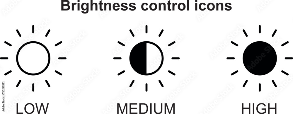 Brightness control icon, symbols in low, medium and high options ...