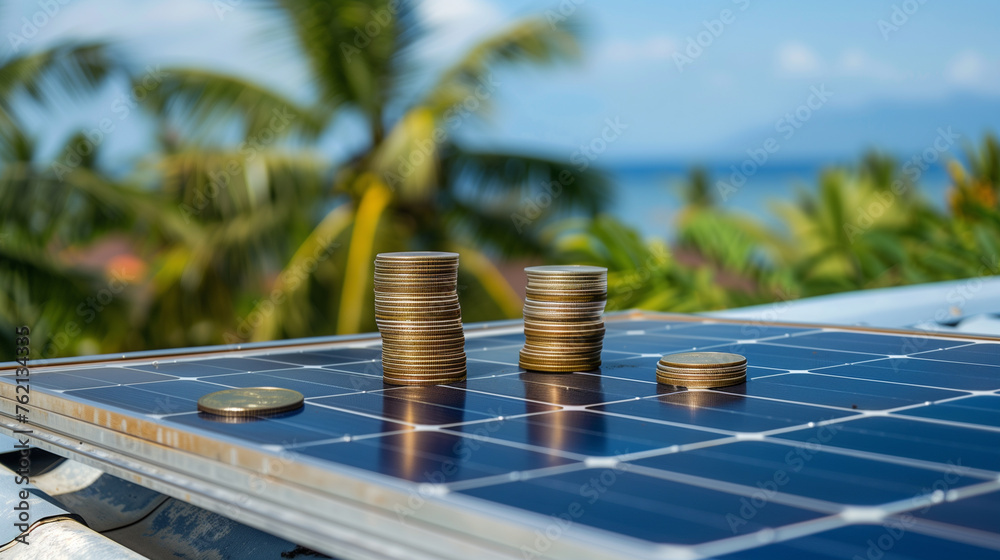 Stacks of coins are balanced on top of a solar panel installed on a ...