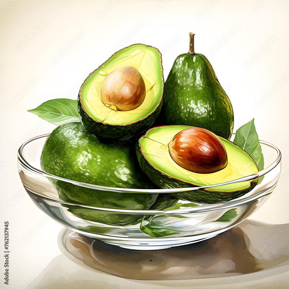 Avocado, put in a Modern Bowl, vegetable, full body, watercolor ...