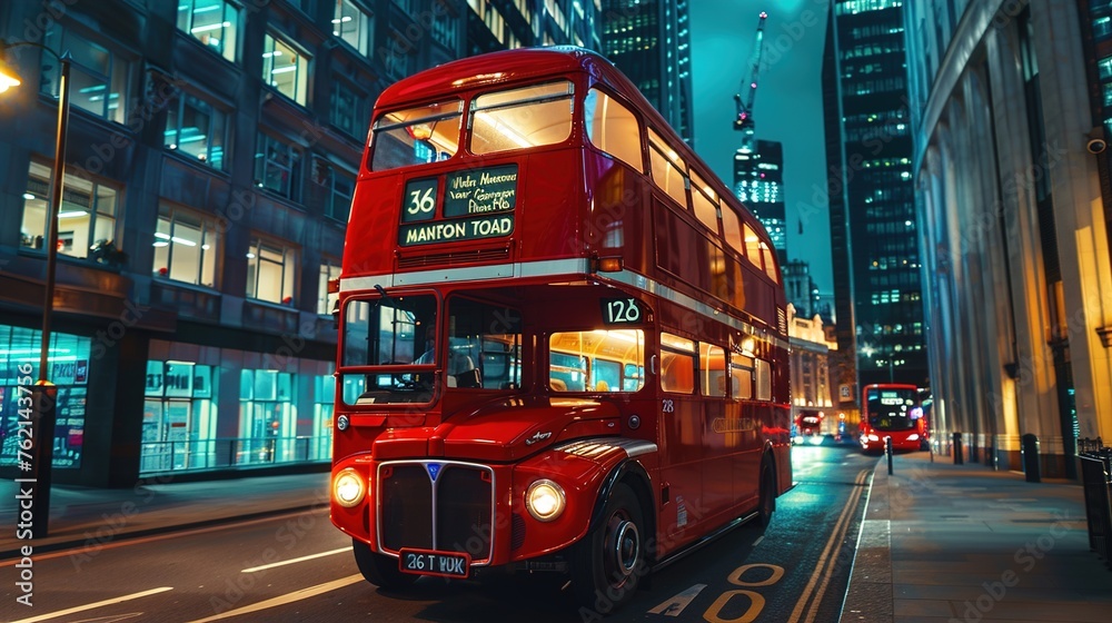 A classic red double-decker bus traversing a bustling city street, its ...