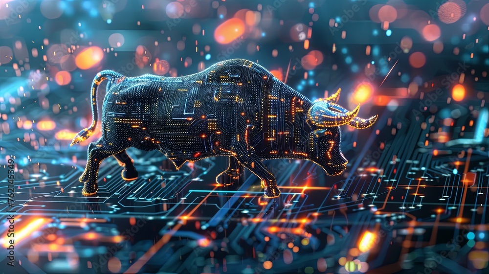 A digital bull composed of glowing circuitry strides across a ...