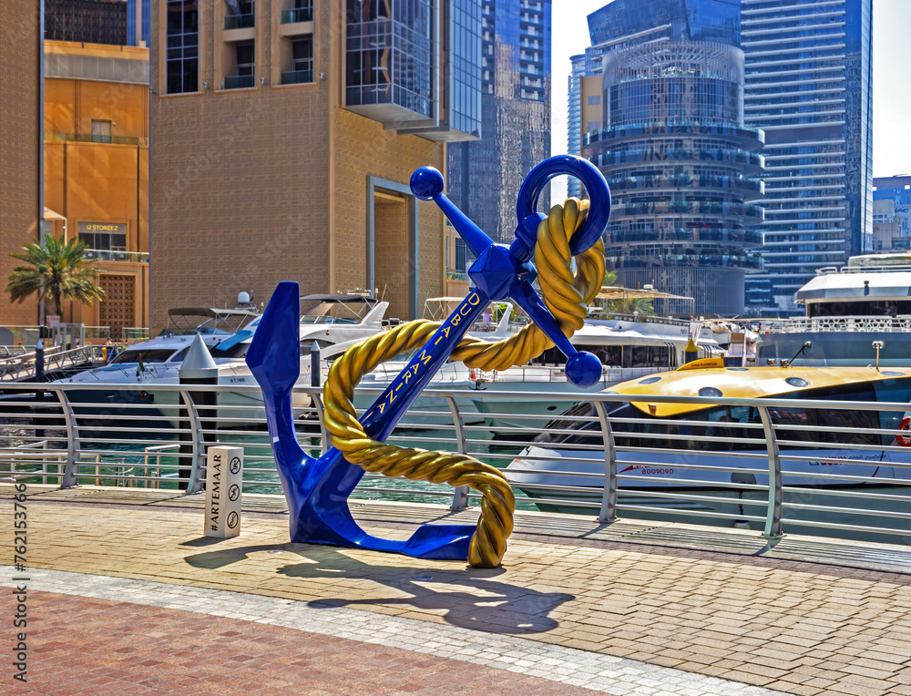 Dubai, United Arab Emirates – March 6, 2024: Statue of yacht anchor in ...