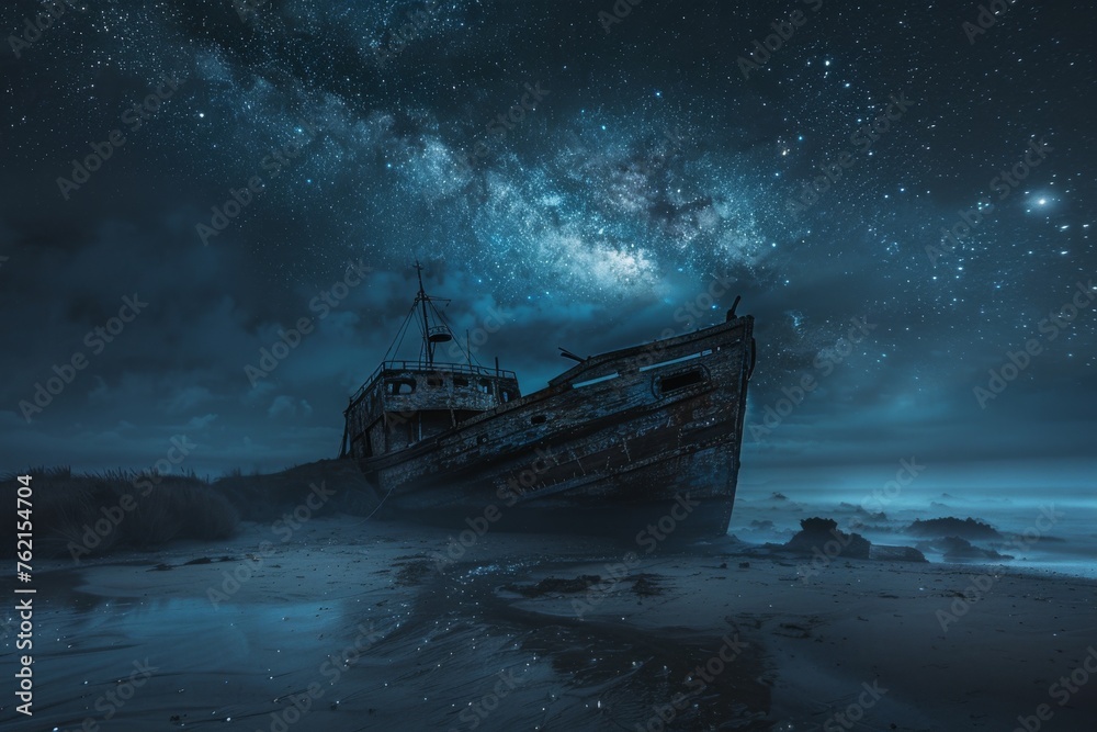 Abandoned shipwreck on a beach with fog and smoke under a starry night ...