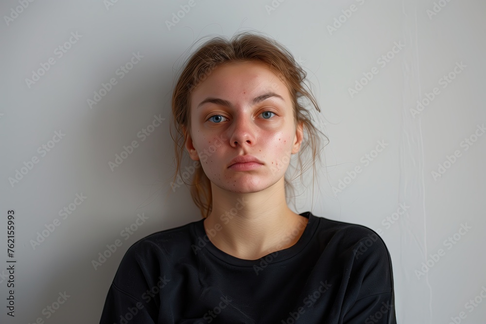 A portrait of a sad young woman with no makeup on her face, wearing a ...