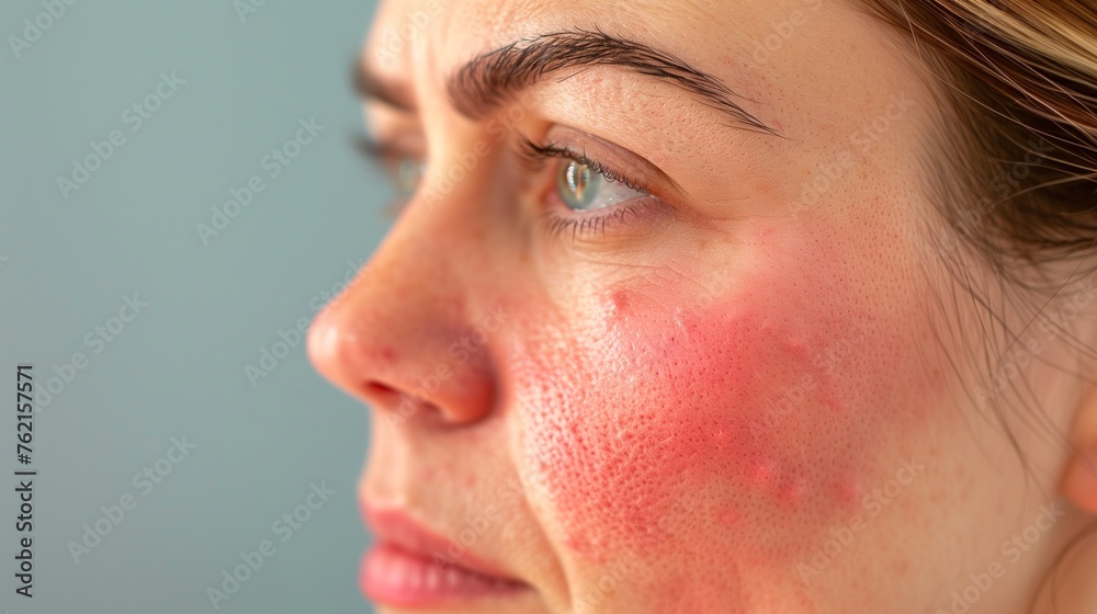 Skin condition close-up. A woman's face with visible signs of rosacea ...