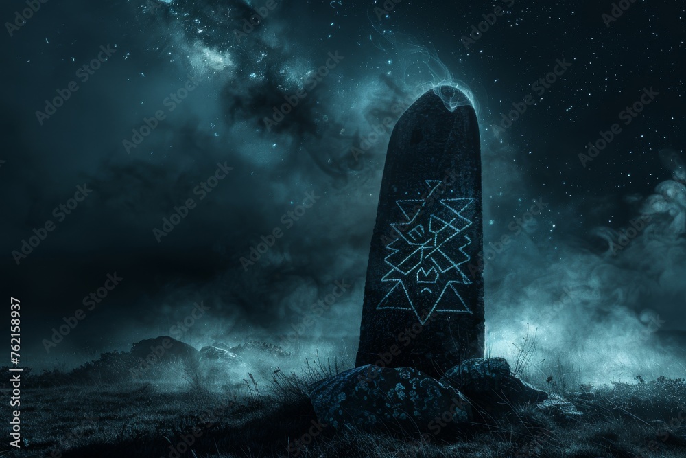 Silhouette of an ancient rune stone with smoke symbols under a starry ...
