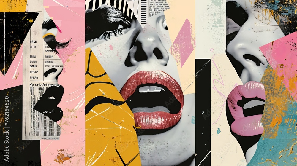 Flyer set with collages. Punk pop art with megaphones and mouths ...