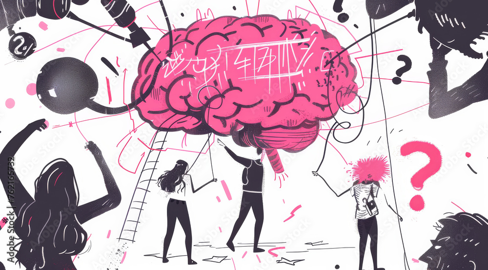 Intricate psychology illustration of a human head with brain an exposed ...