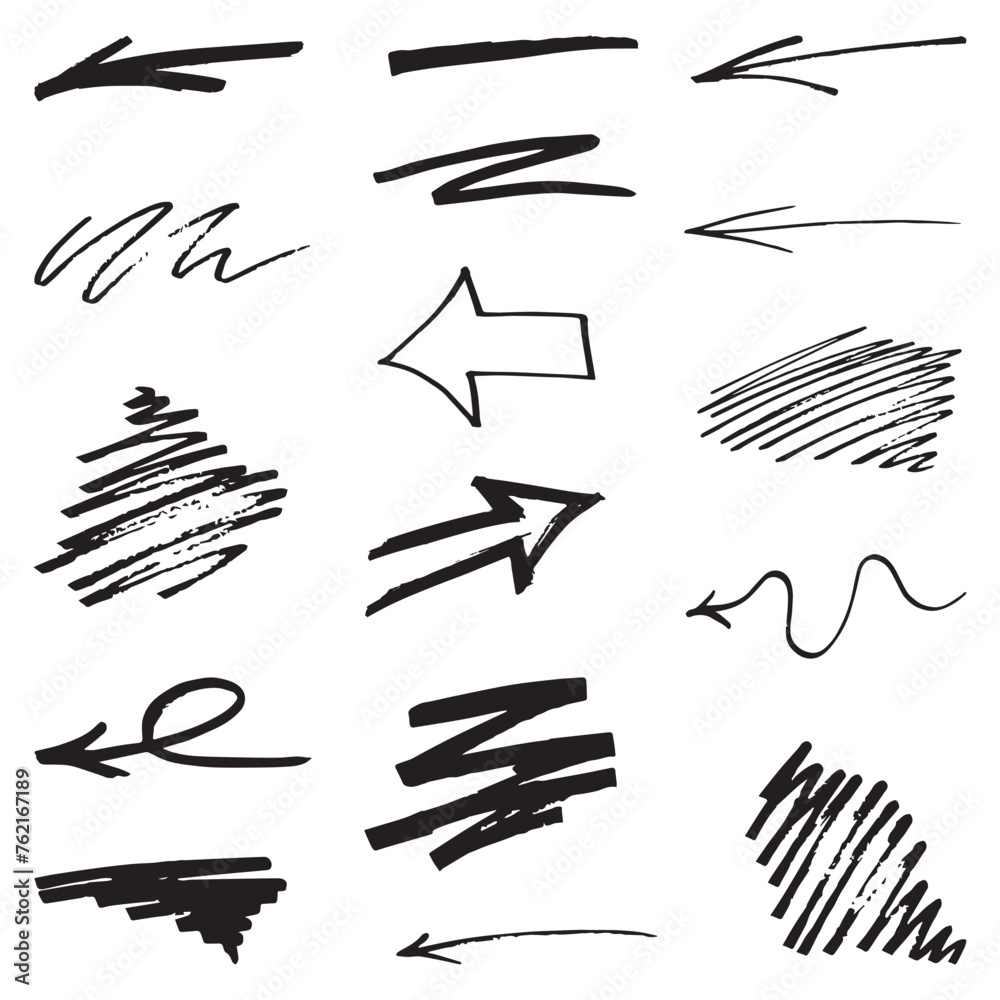 Marker line, ink symbols, hand drawn black color elements. Realistic ...