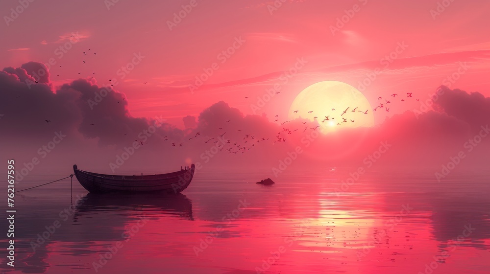 Early morning sunset seascape, lonely wooden boat cruising on calm ...
