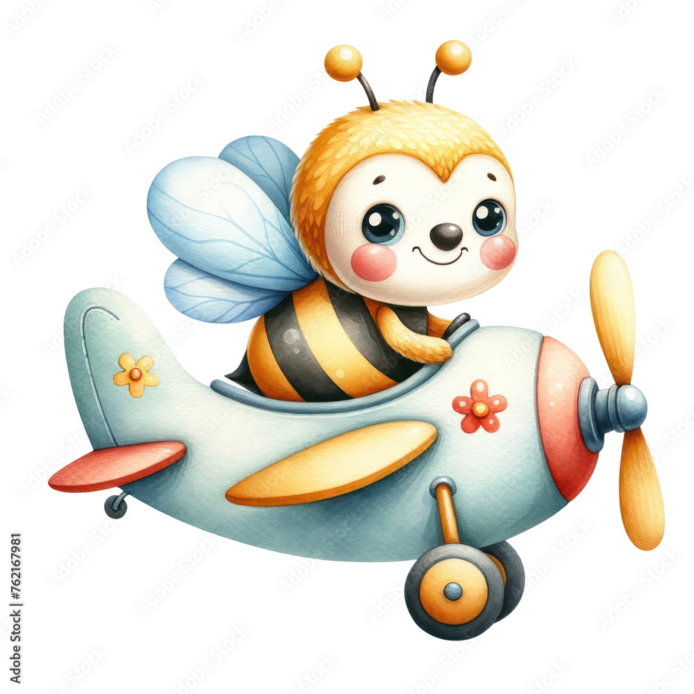 Watercolor cartoon bee is flying in a small airplane. The bee is ...