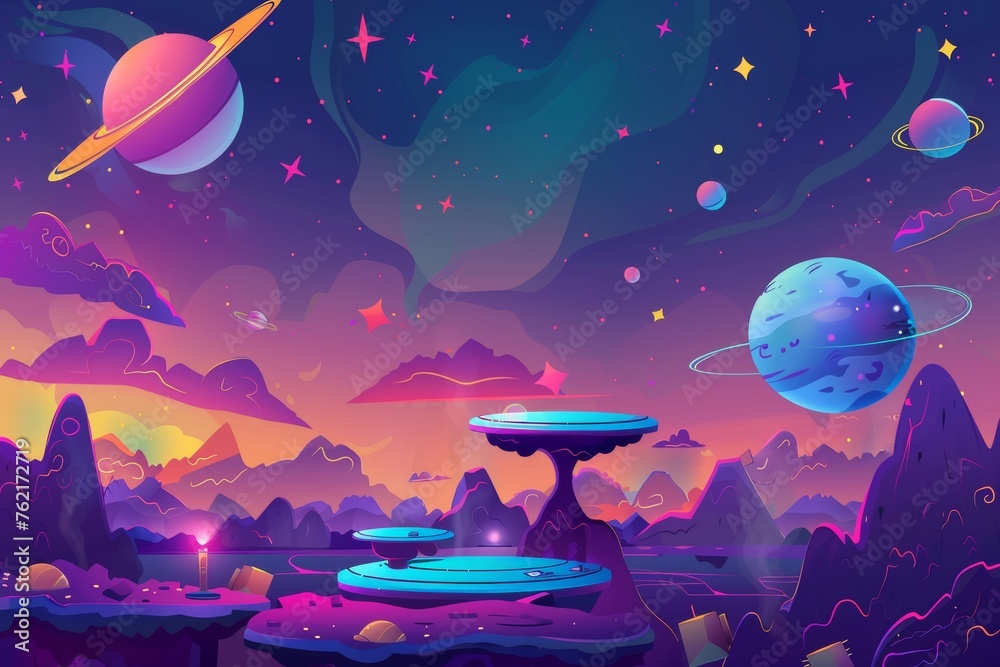 Detailed level map of the space game with platforms and alien landscape ...