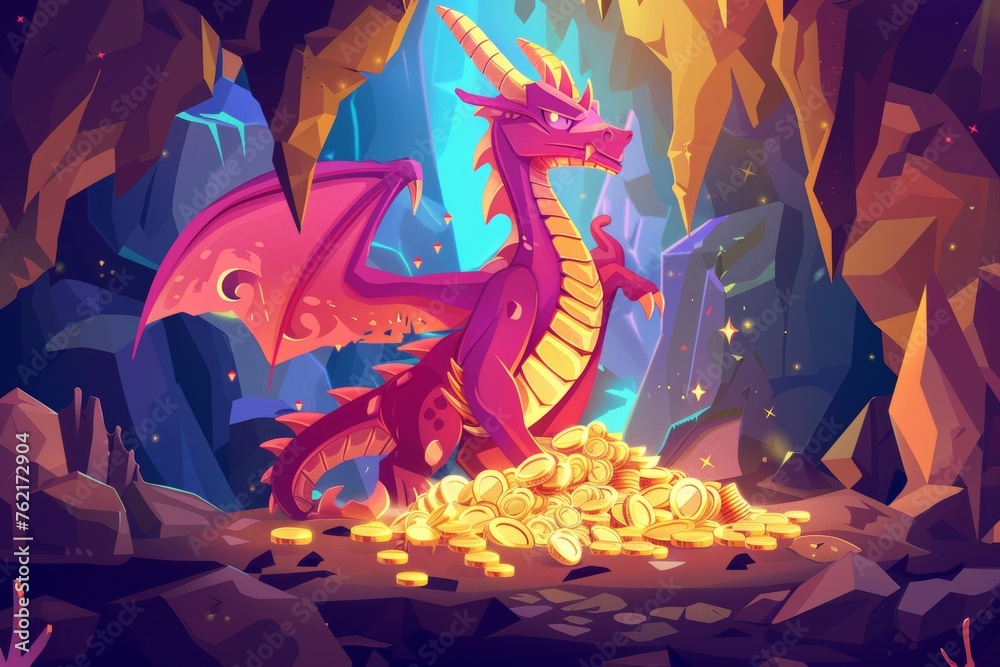 Cartoon illustration of a dragon protecting gold in a cave, guarding ...